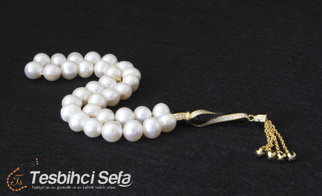 Siyah Mine İşlemeli İnci Tesbih